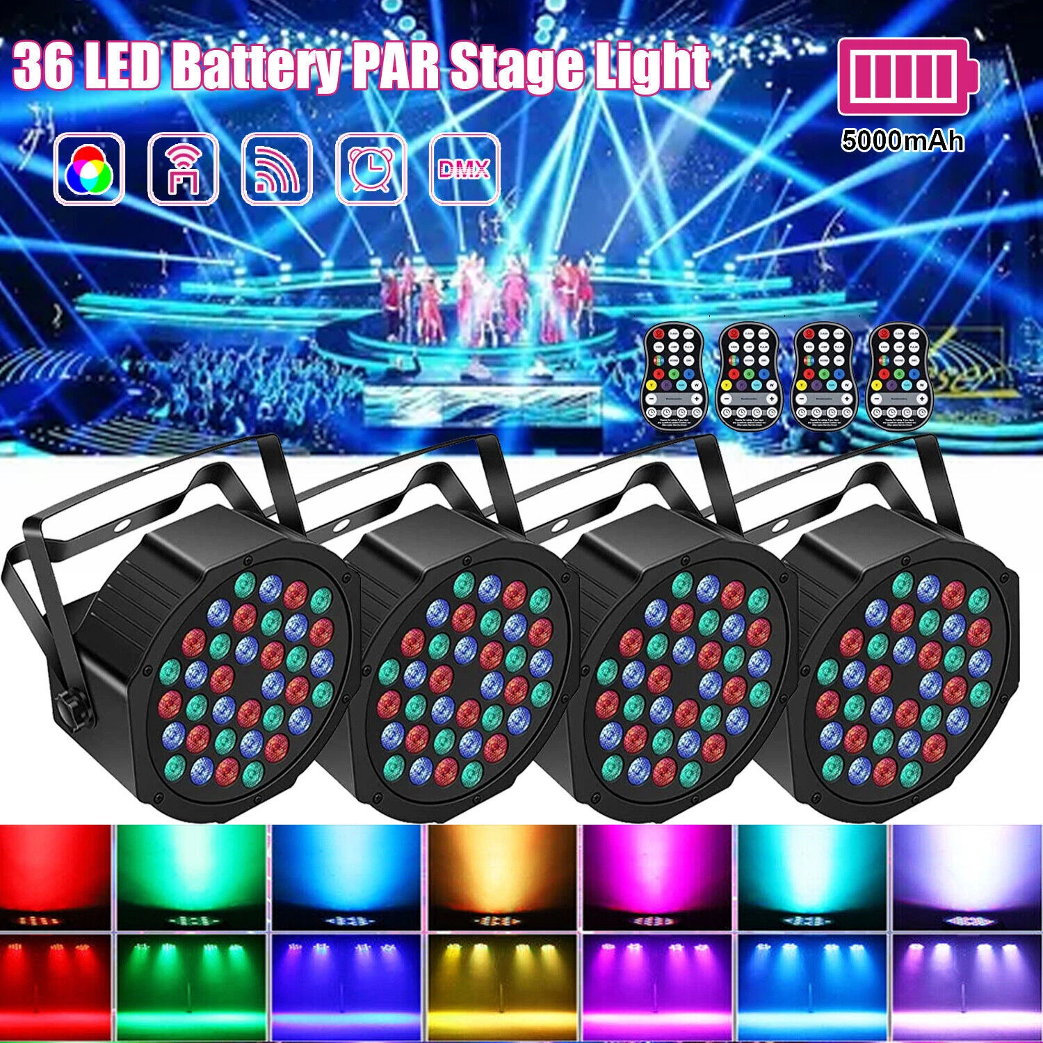 4Pack 36W RGB Battery LED Par Lights, Wireless Rechargeable, Sound ...