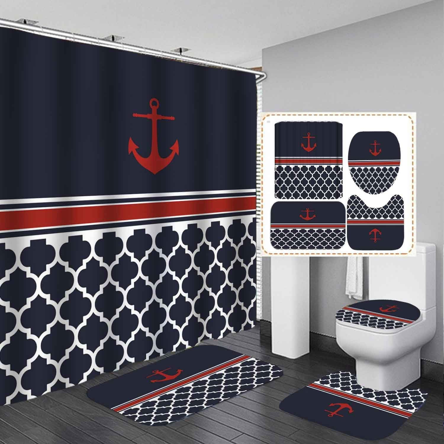 4PCS Red Anchor Shower Curtain Set, Waterproof Fabric Shower Curtain ...