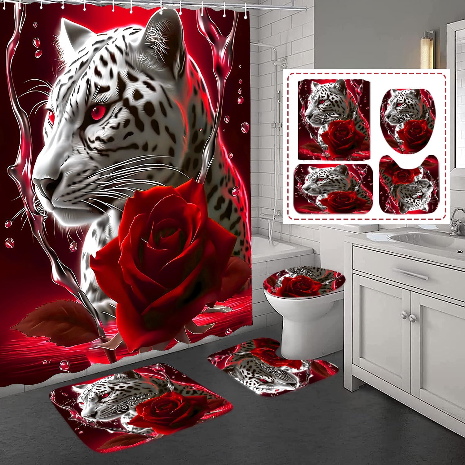 4PCS Red Rose and Leopard Shower Curtain Bathroom Set with Non-Slip ...