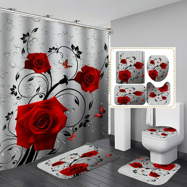 4PCS Red Rose Shower Curtain Set, Waterproof Polyester Fabric with Non ...