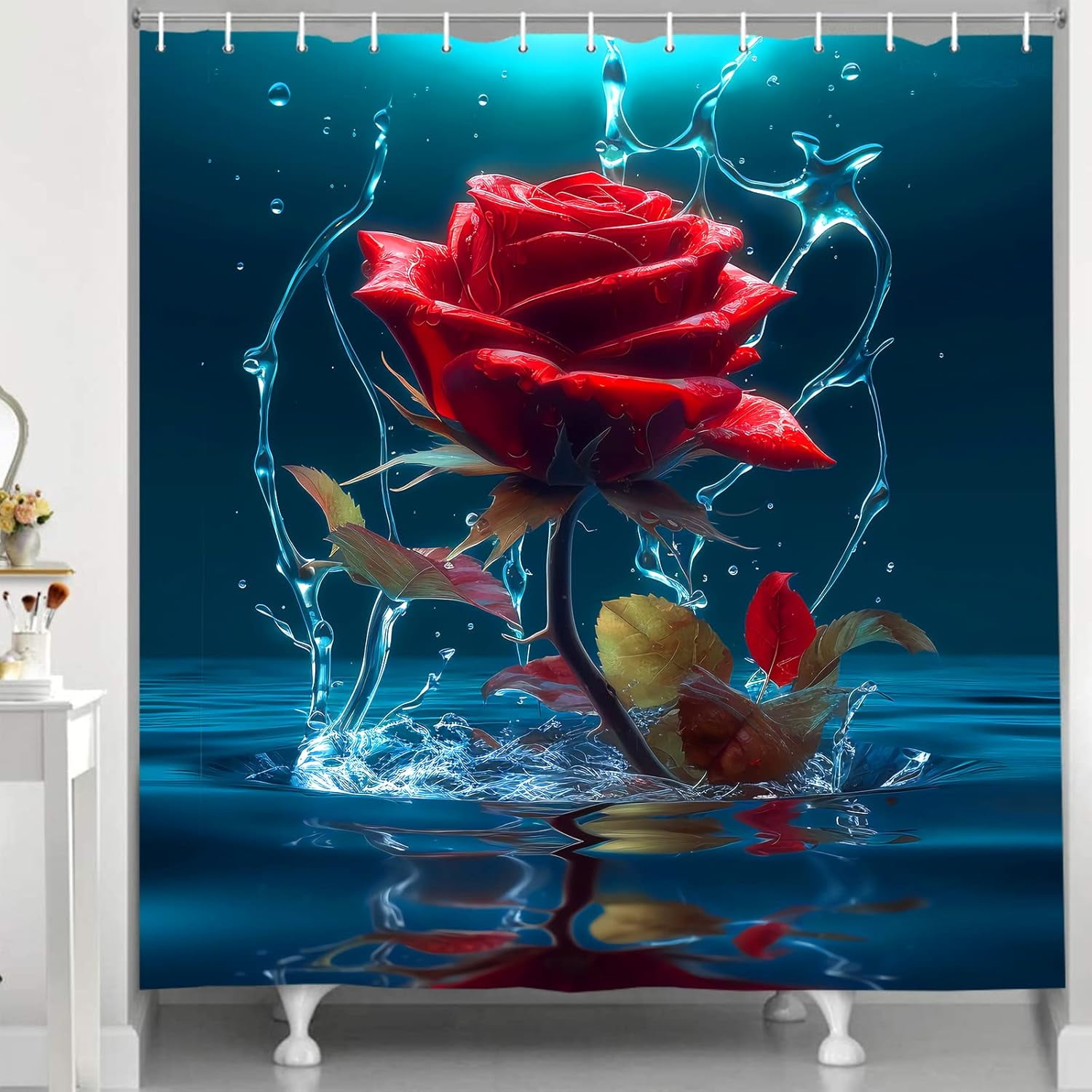 4PCS Red Rose Shower Curtain Sets,Red Rose Bathroom Decor Sets with ...