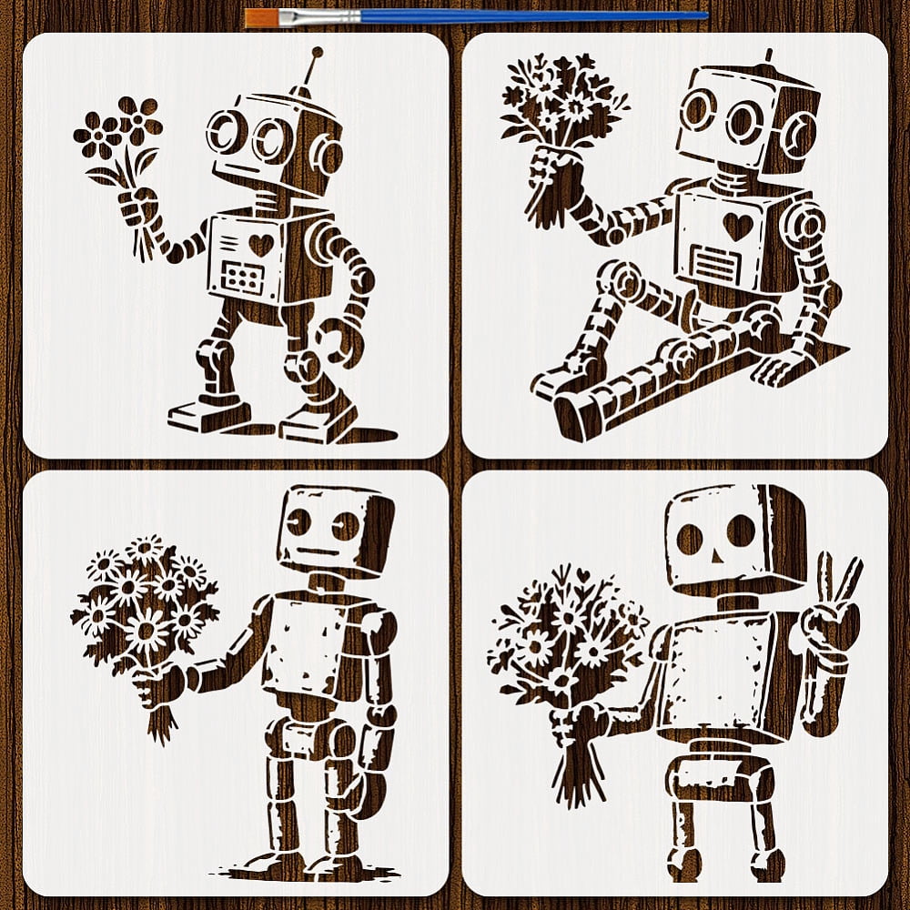 4PCS Robot Painting Stencil 11.8x11.8 Inch Robot and Flowers Stencils ...