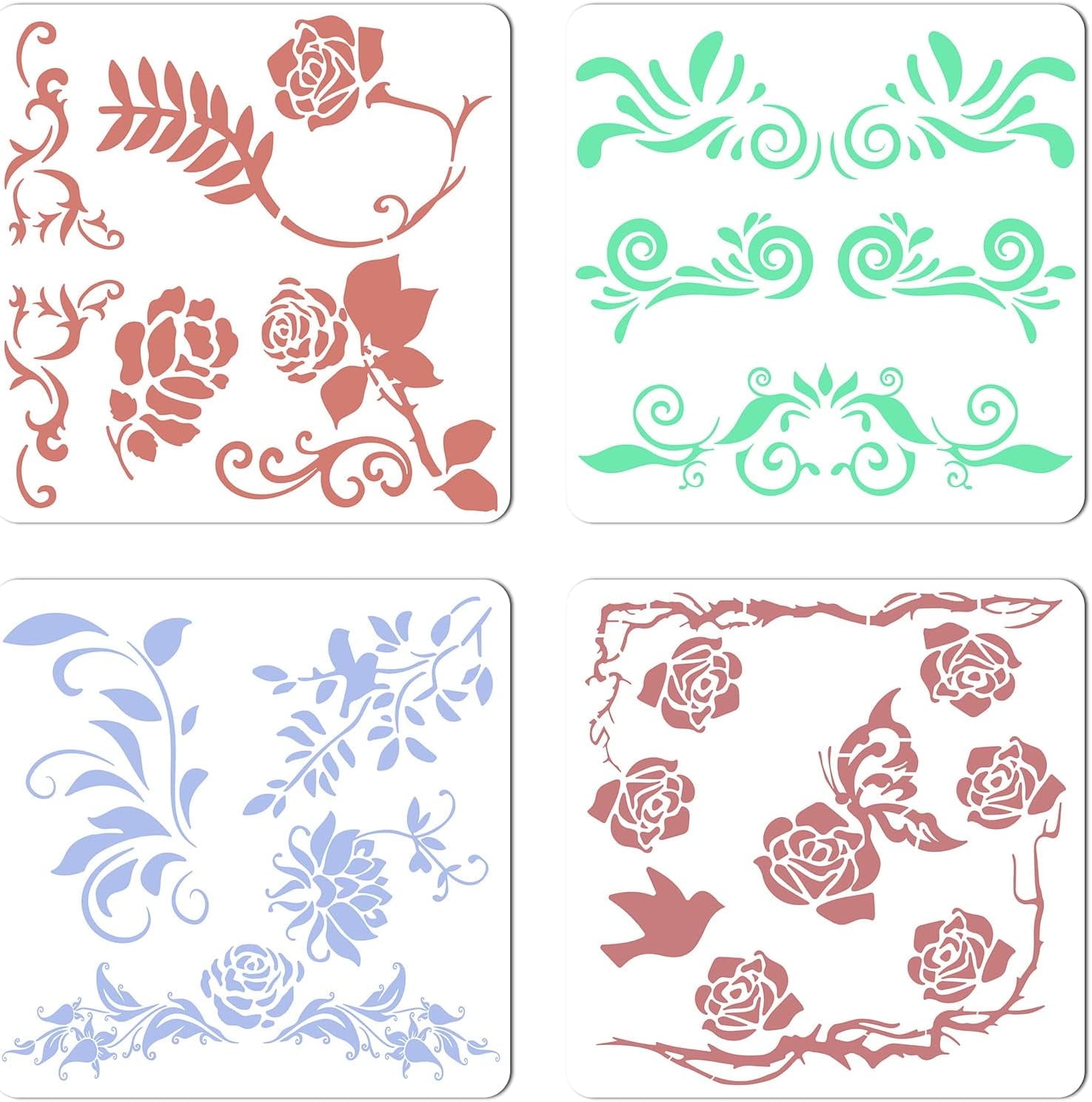 4PCS Rose Stencil Flowers Vines Tile Stencils for Painting on Wood ...