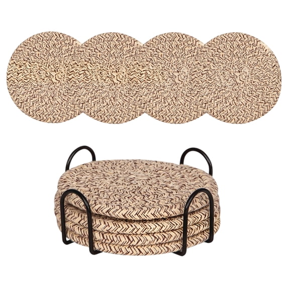 4PCS Round Woven Placemats Set with Metal Storage Holder for Dining ...