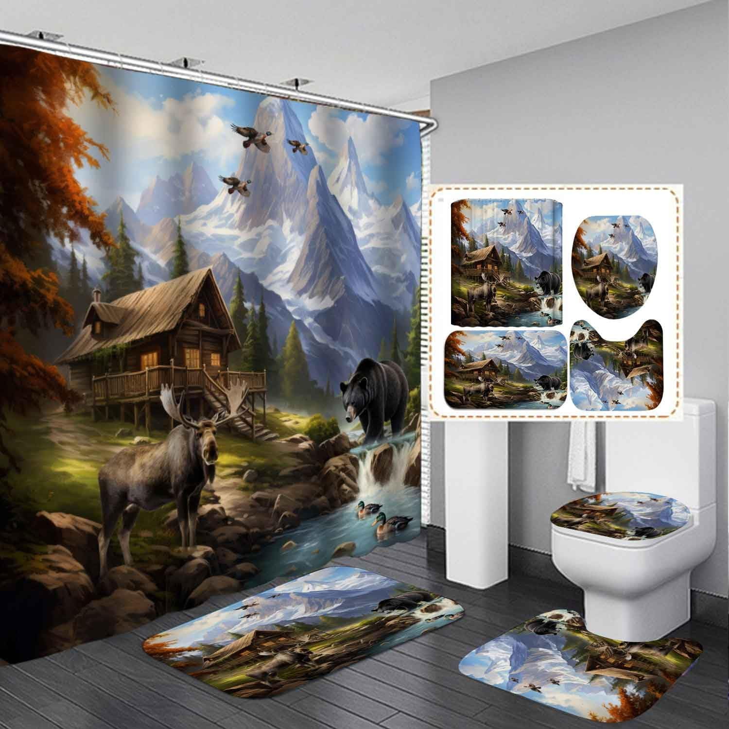 4PCS Rustic Cabin Black Bear Shower Curtain Sets with Rugs, Waterproof ...