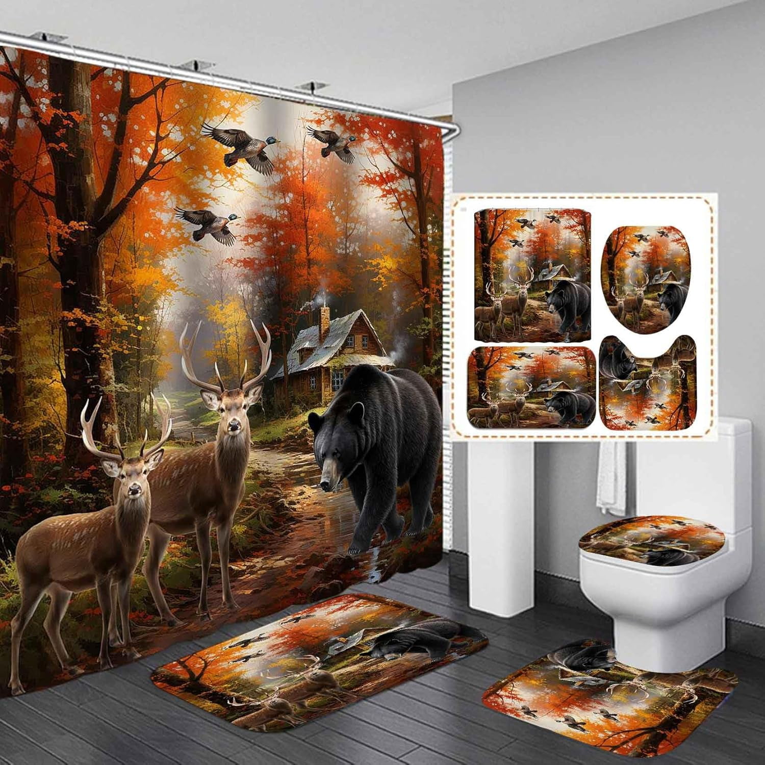 4PCS Rustic Cabin Shower Curtain Sets with Rugs, Waterproof Fabric Shower Curtain, Woodland ...