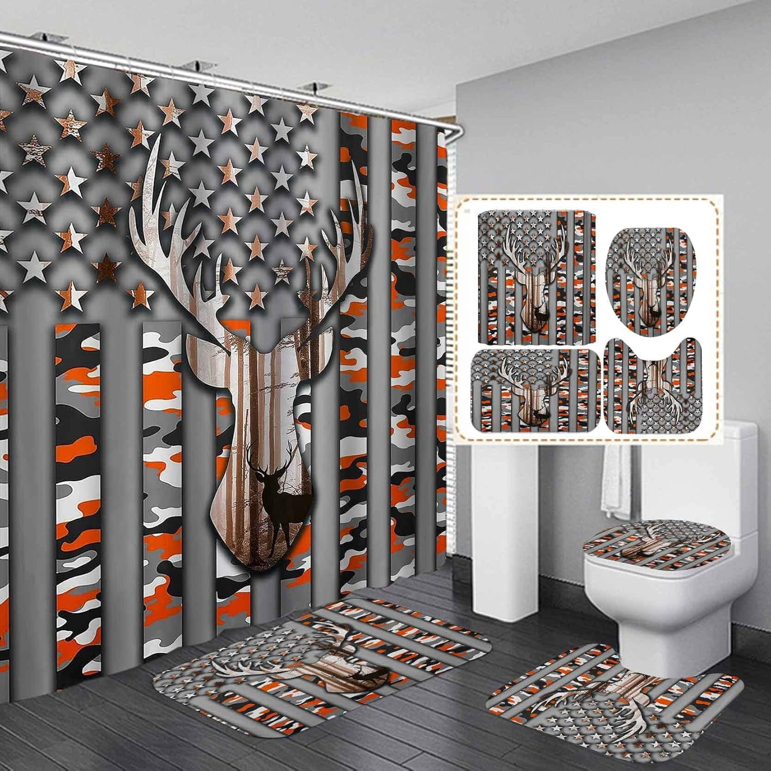 4PCS Rustic Deer Shower Curtain Set, Mountain Pine Tree Forest Black ...