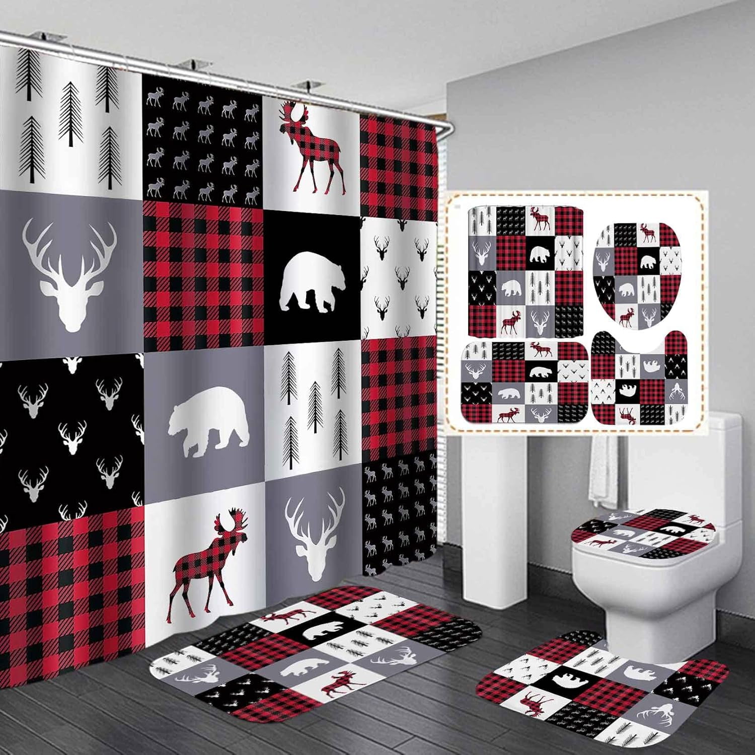 4PCS Rustic Deer Shower Curtain Set, Mountain Pine Tree Forest Black ...