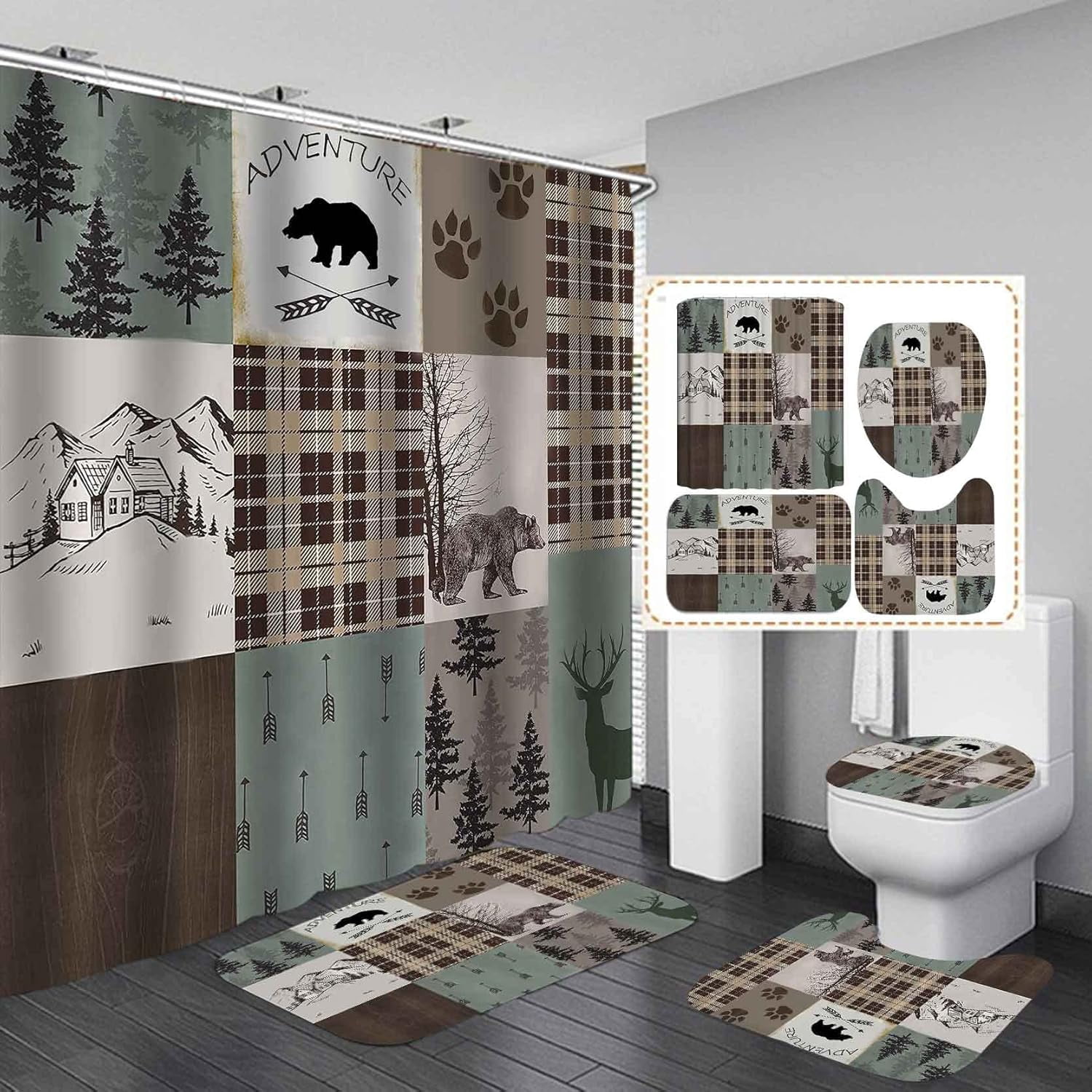 4PCS Rustic Deer Shower Curtain Set, Mountain Pine Tree Forest Black ...