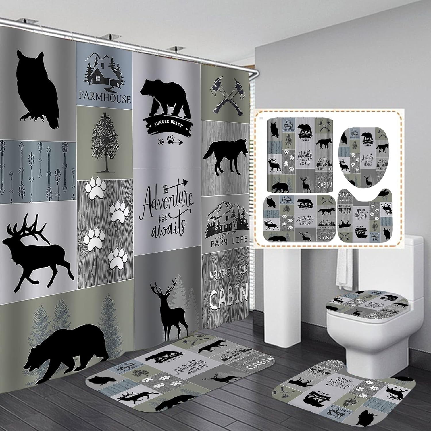 4PCS Rustic Deer Shower Curtain Set, Mountain Pine Tree Forest Black ...