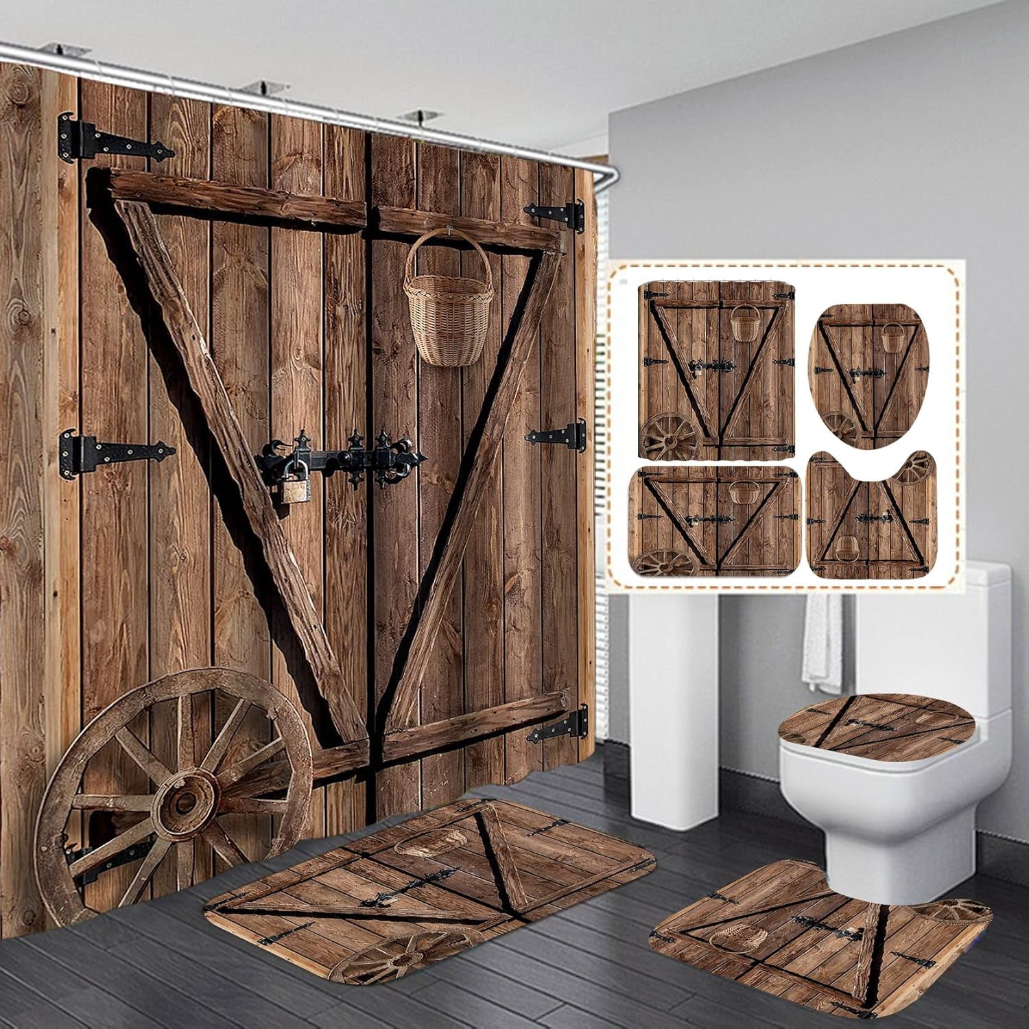 4PCS Rustic Farmhouse Shower Curtain Set, Vintage Wood Gate Wooden ...