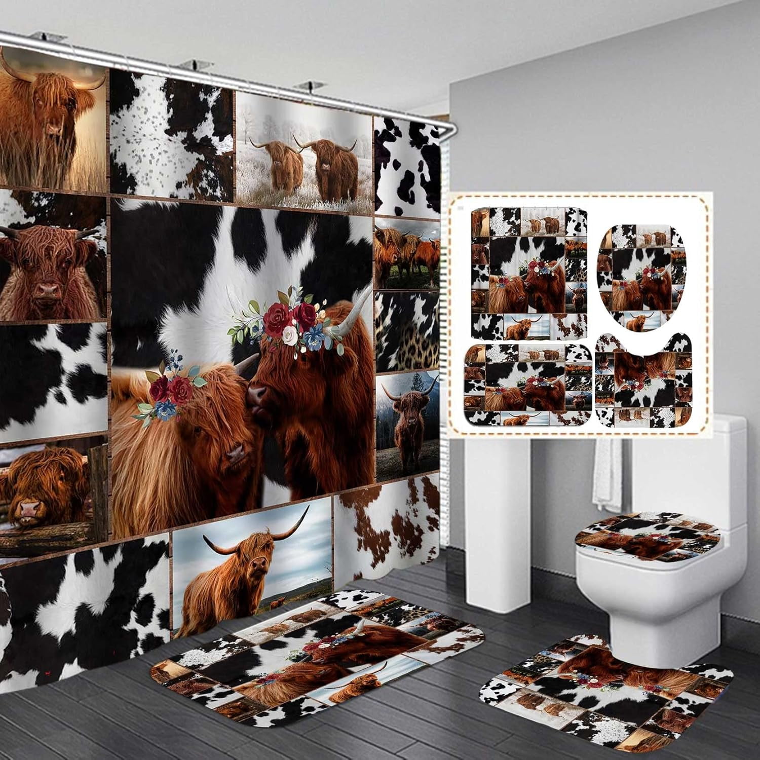 4PCS/SET Highland Cow Shower Curtain set, Black and White Funny Farm ...