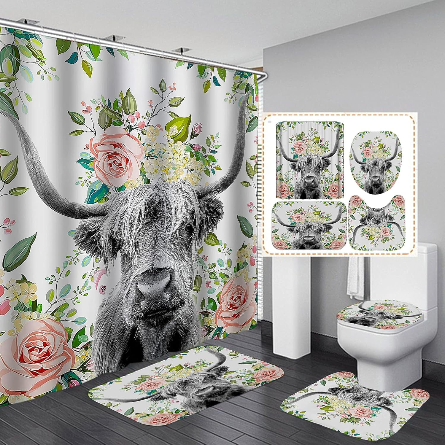 4PCS/SET Highland Cow Shower Curtain set, Black and White Funny Farm ...