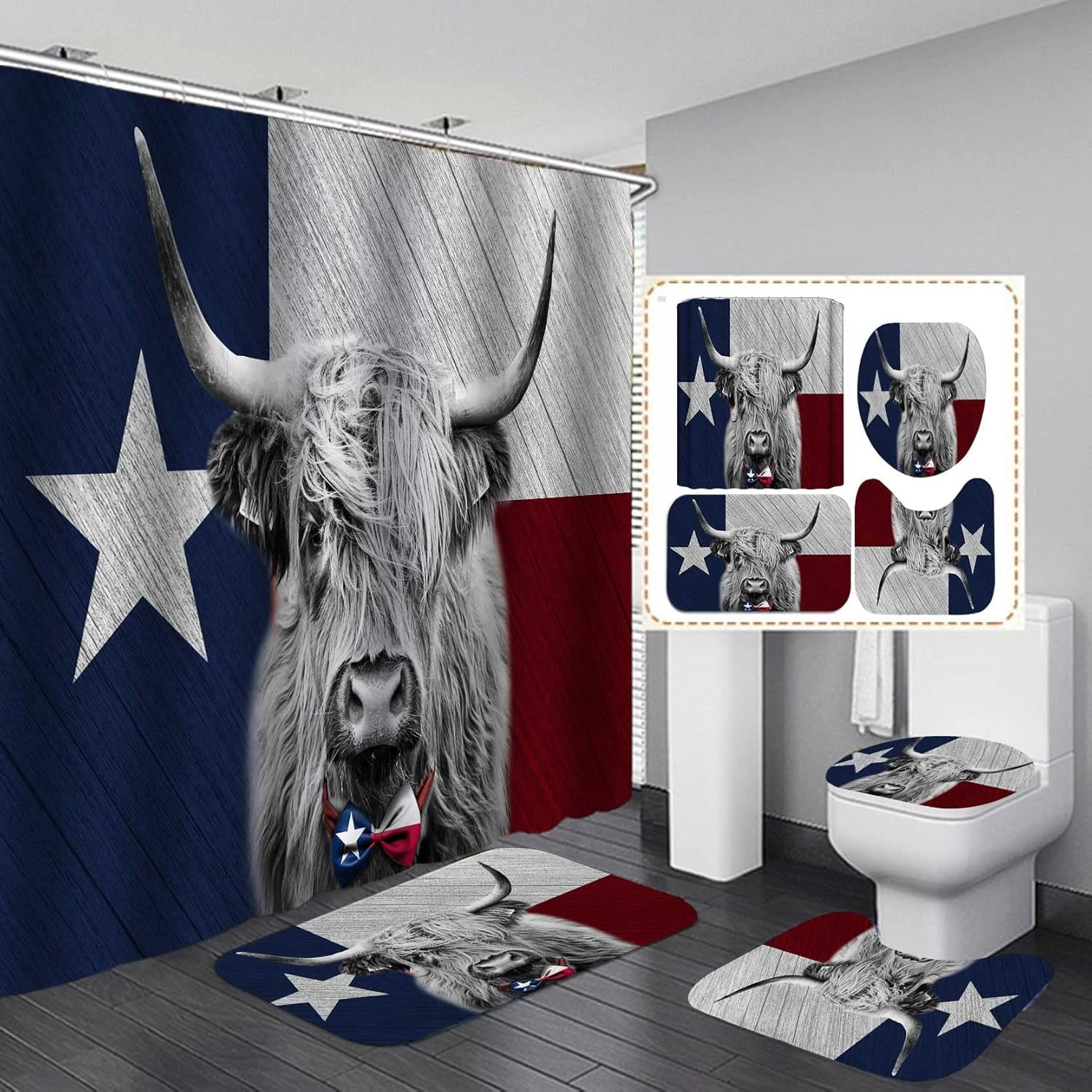 4PCS/Set Funny Cow Rustic Wagon Wheel Fabric Shower Curtain Set ...
