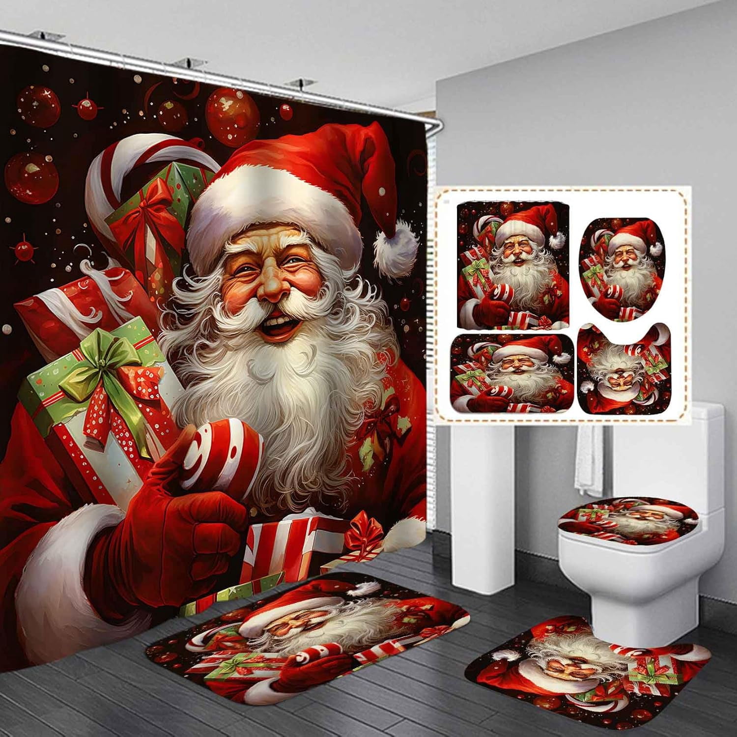 4PCS Santa Claus Shower Curtain Set, Deer Elk Moose Fox Woodland ...