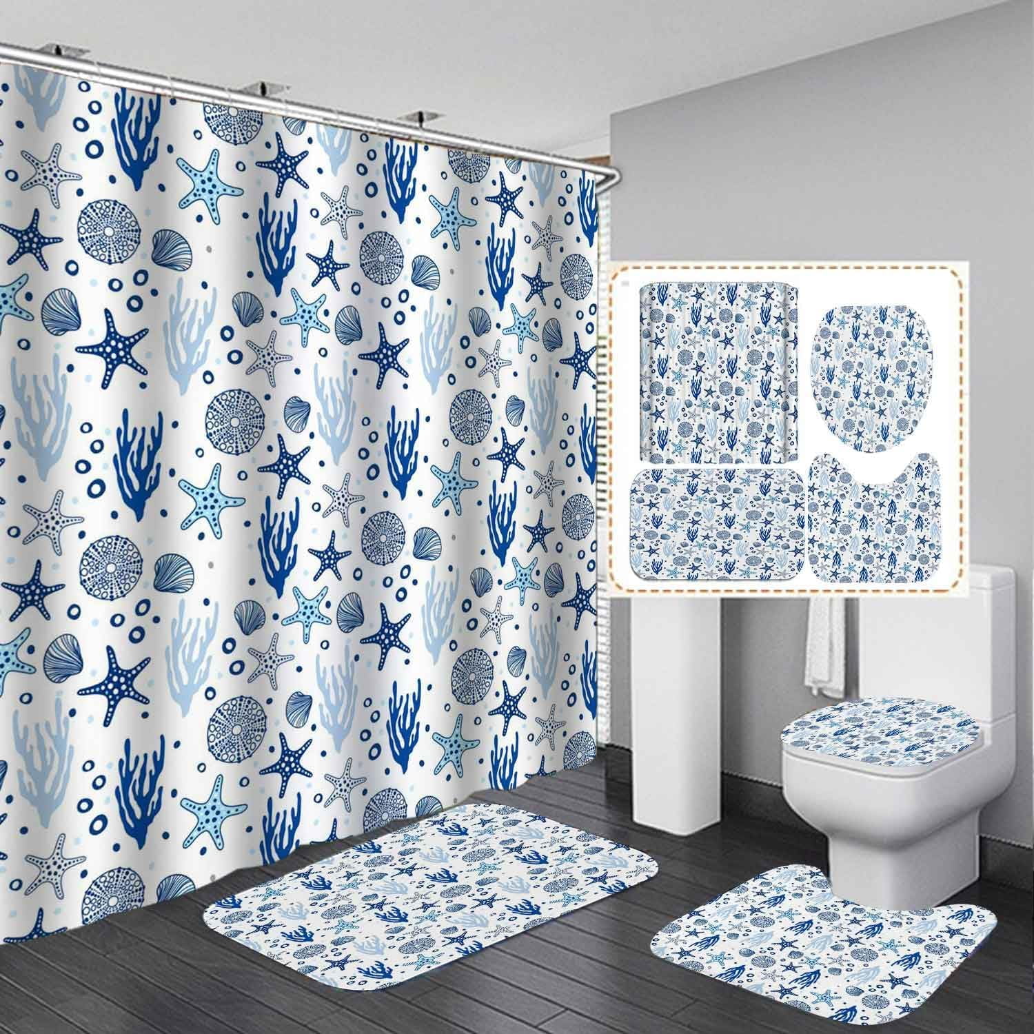 4PCS Sea Turtle Shower Curtain Sets With Rugs, Starfish Shower Curtain ...