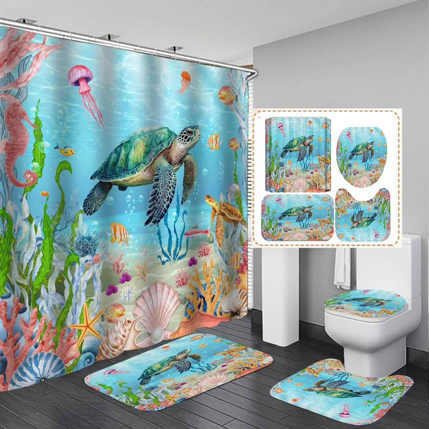 4PCS Sea Turtle Shower Curtain Sets with Rugs, Waterproof Fabric Shower ...
