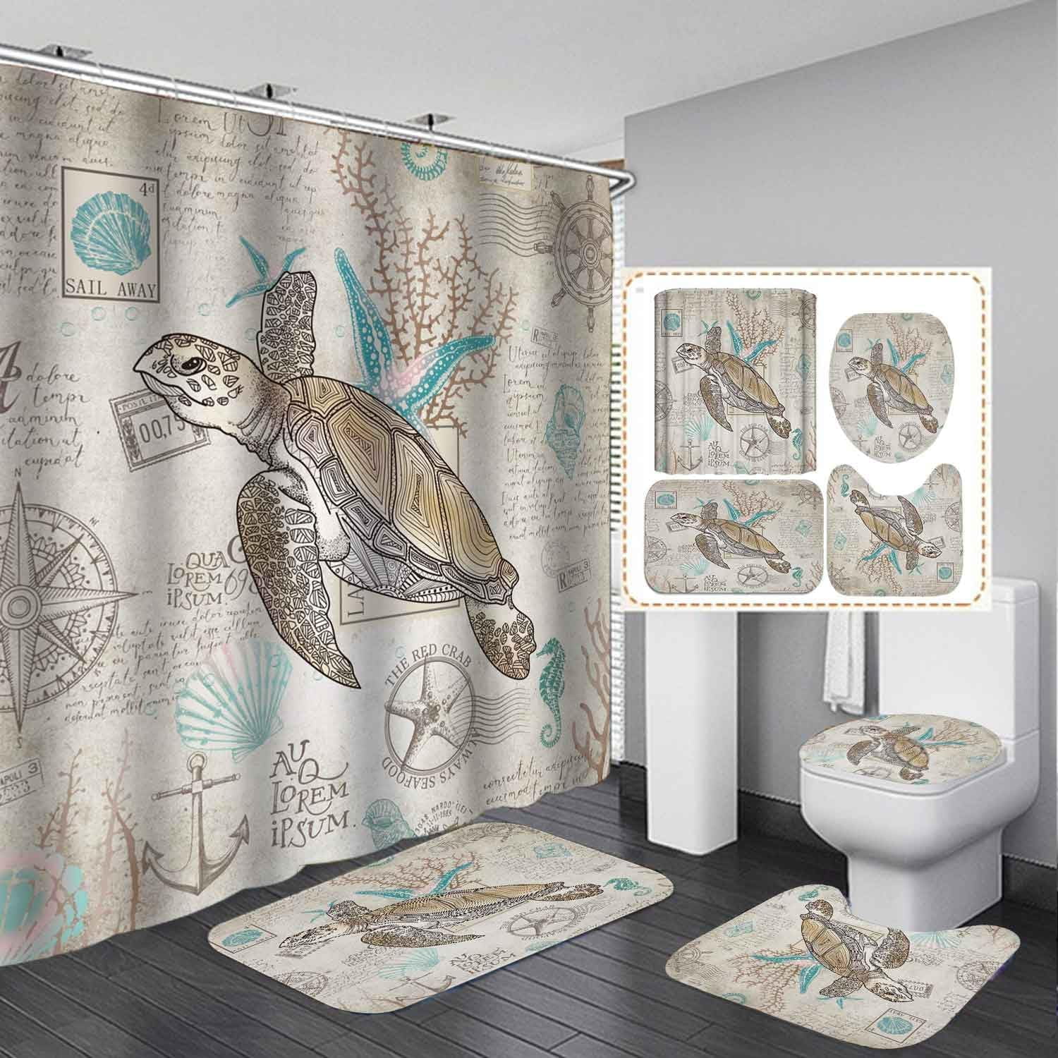 4PCS Sea Turtle Shower Curtain Sets with Rugs, Waterproof Fabric Shower ...