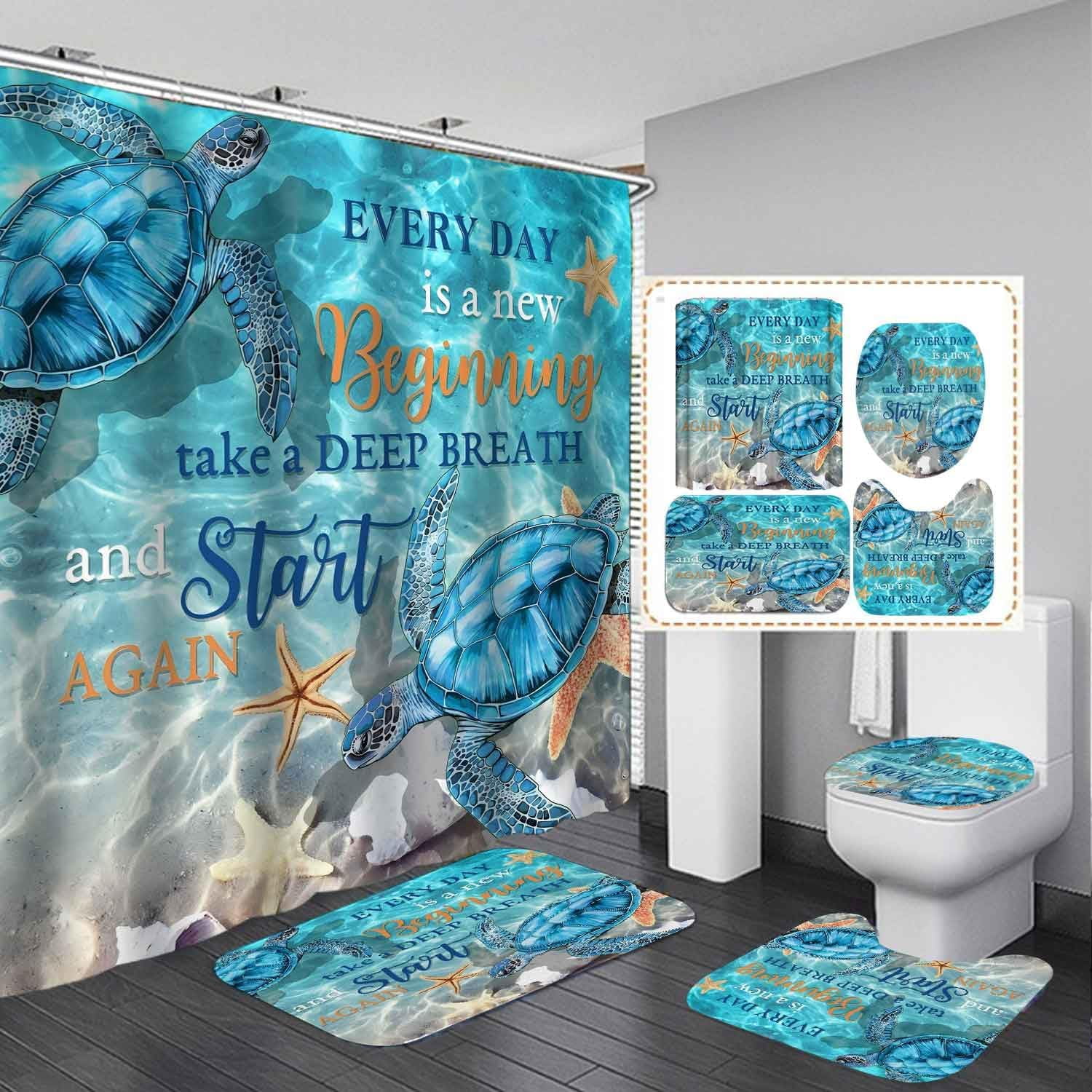 4PCS Sea Turtle Shower Curtain Sets with Rugs, Waterproof Fabric Shower ...
