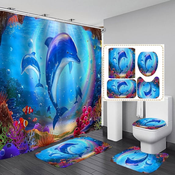 4PCS Sea World Dolphin Shower Curtain Set Bathroom Shower Curtain Non ...