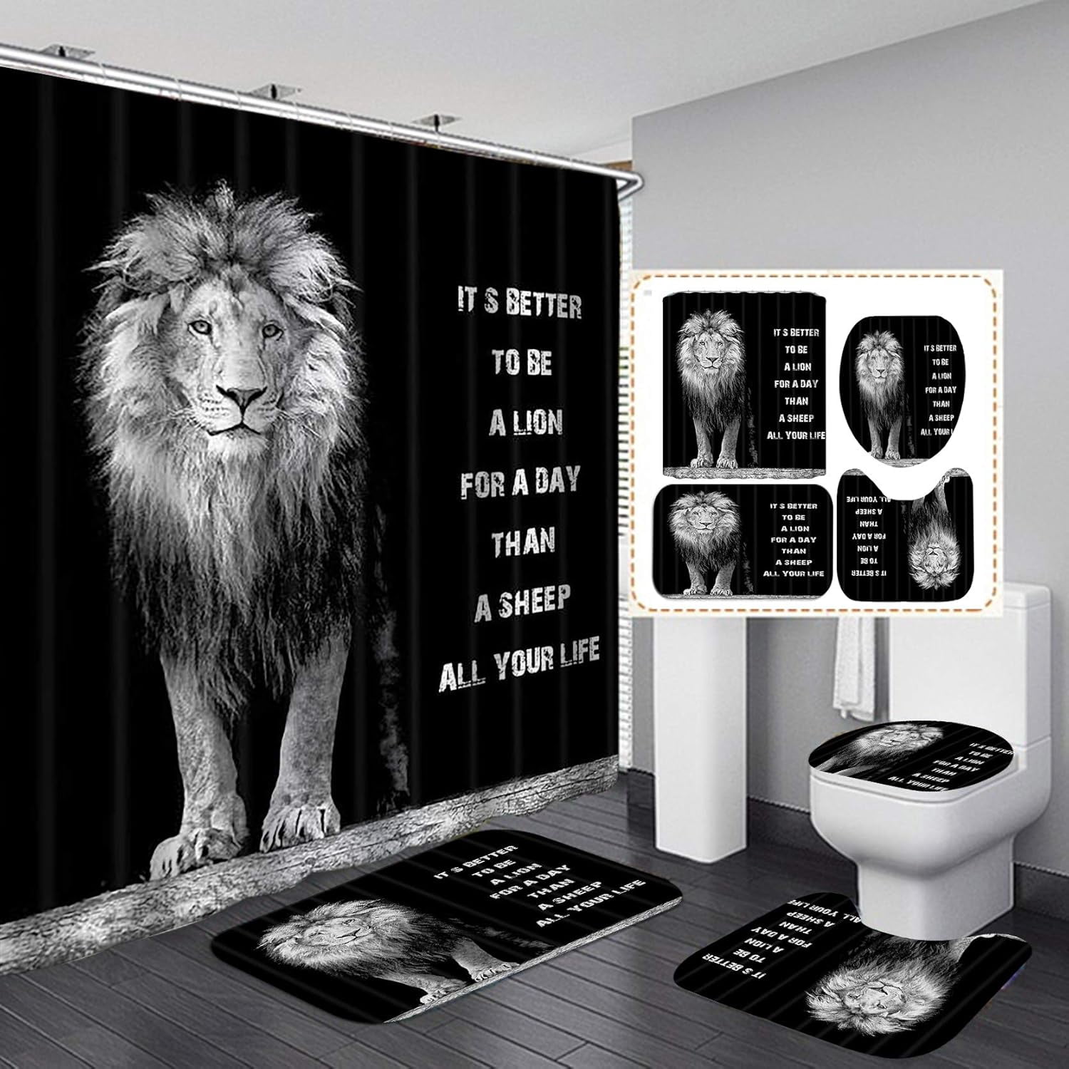 4PCS/Set Black Lion Shower Curtain Sets, Majestic Lion King Head ...