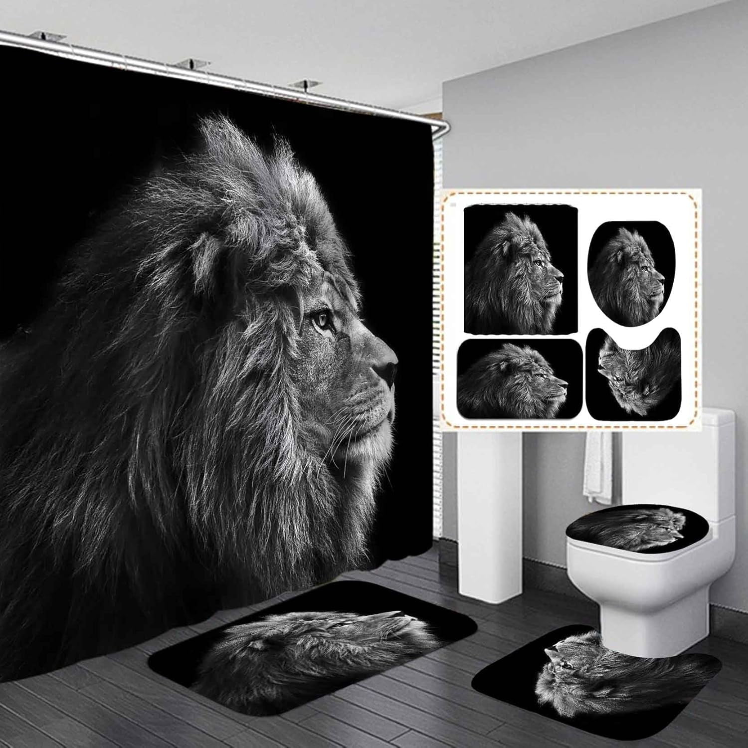 4PCS/Set Black Lion Shower Curtain Sets, Majestic Lion King Head ...