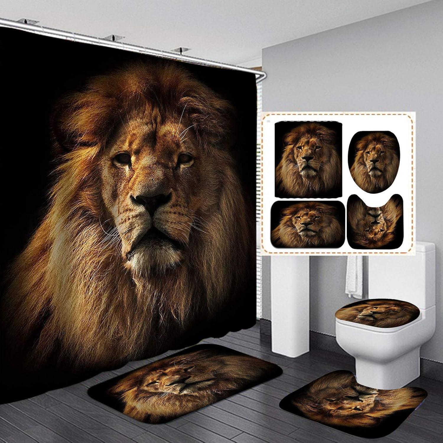4PCS/Set Black Lion Shower Curtain Sets, Majestic Lion King Head ...