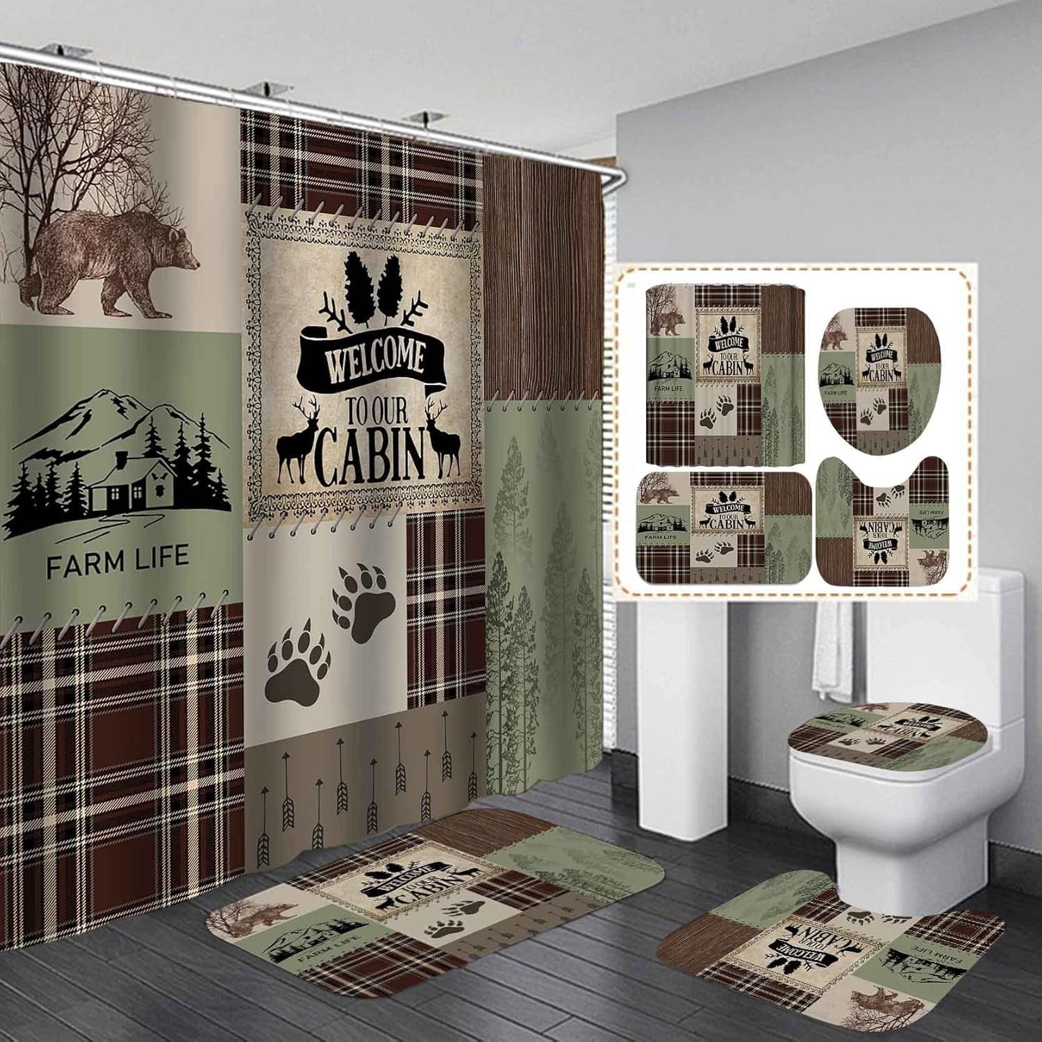 4PCS/Set Black Rustic Deer Fabric Shower Curtain, Moose Elk Pine Tree ...