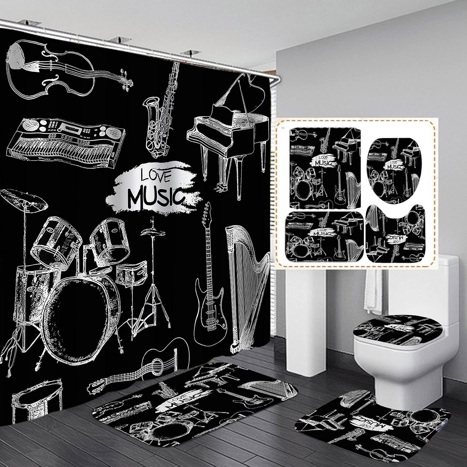 4PCS/Set Black and White Leopard Shower Curtain, Red Musical Notes Wild ...