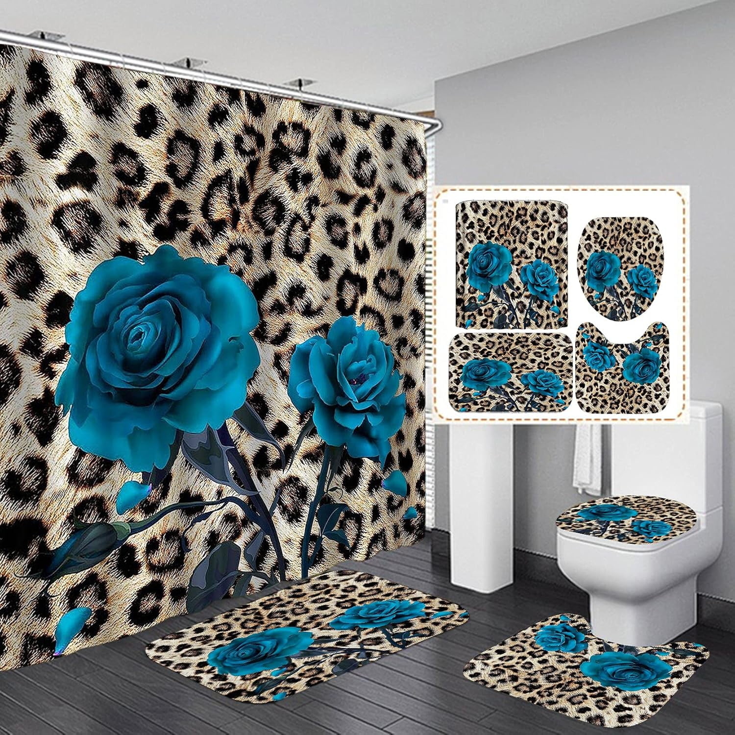 4PCS/Set Brown Leopard Print Shower Curtain set, Sexy Safari Wildlife ...