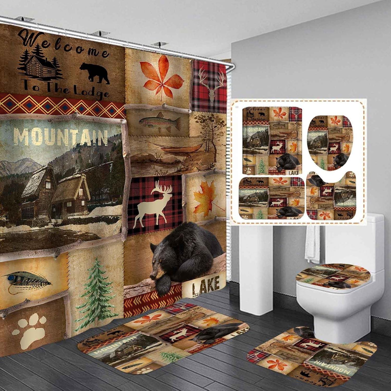 4PCS/Set Camo Deer Shower Curtain set, Elk Moose Bear Mallard Duck ...