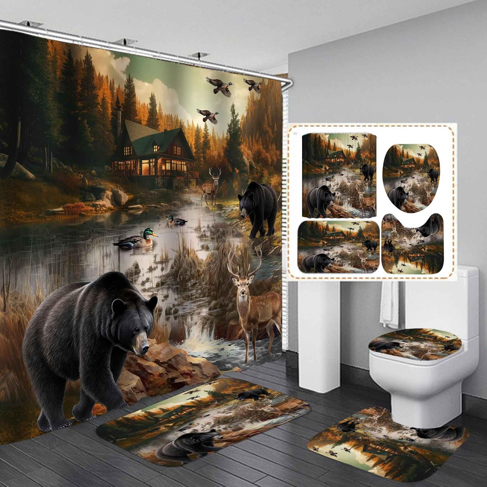4PCS/Set Camo Shower Curtain, Black American Flag Elk Moose Wildlife ...