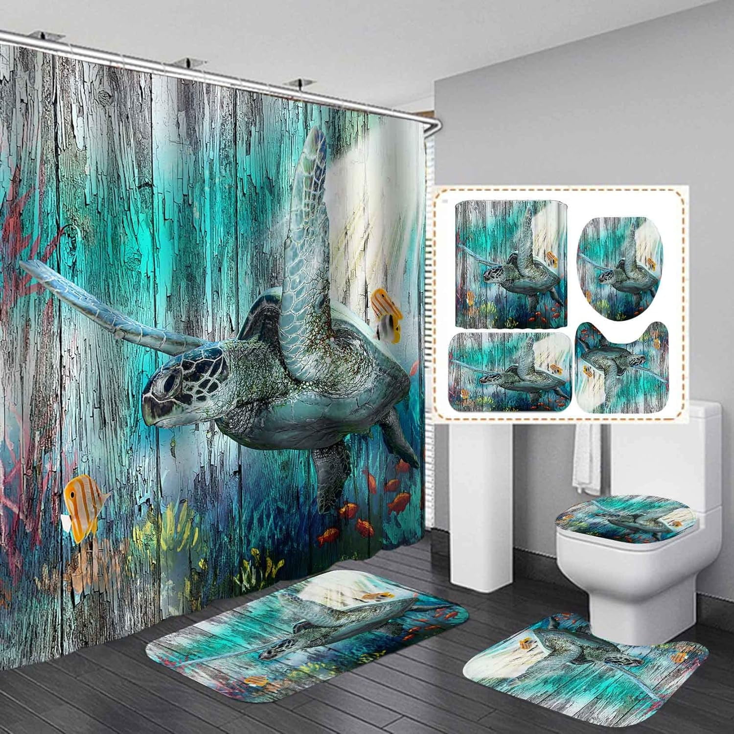 4PCS/Set Fantasy Dolphin Blowing Water Circle Bubble Shower Curtain Set ...