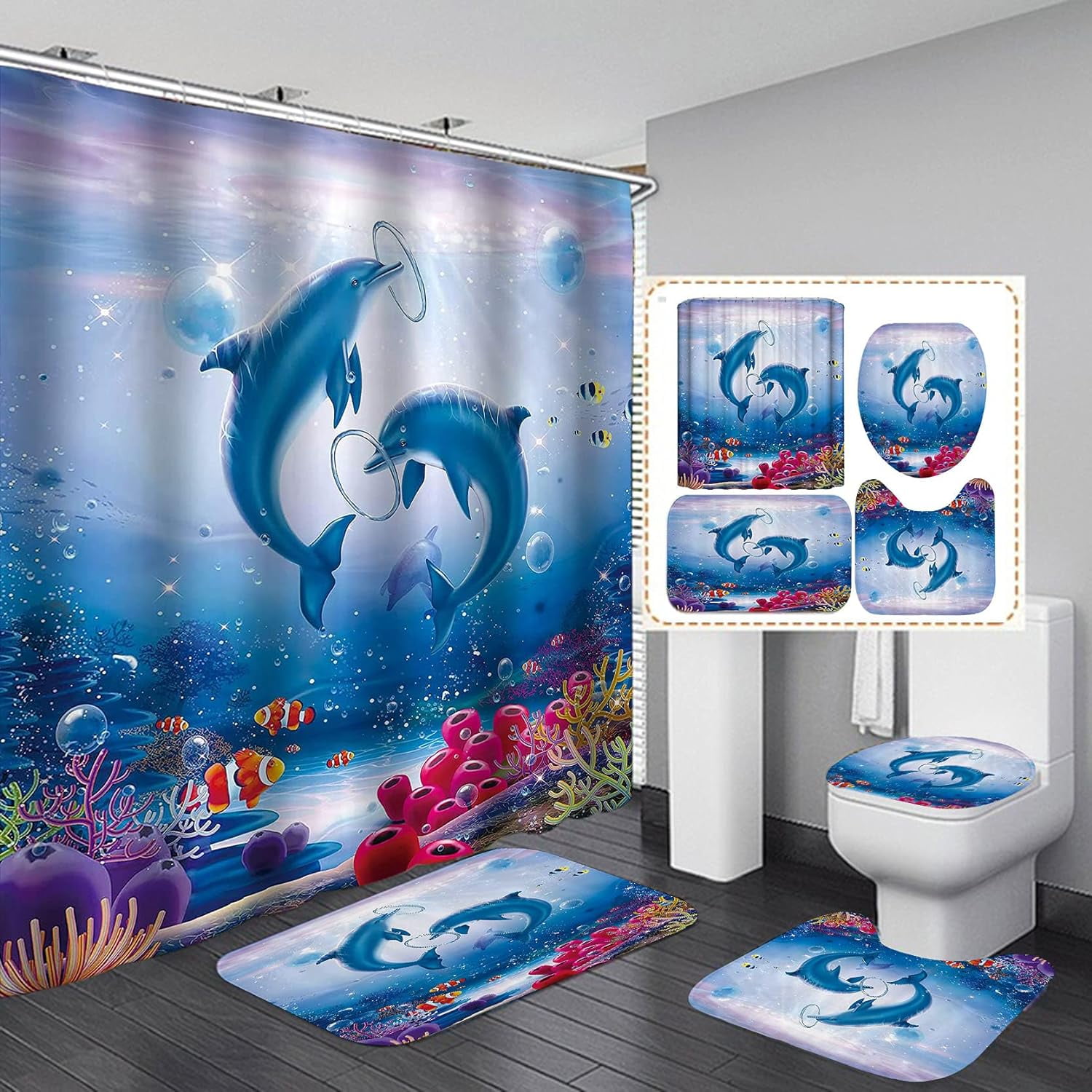 4PCS/Set Fantasy Dolphin Blowing Water Circle Bubble Shower Curtain Set ...