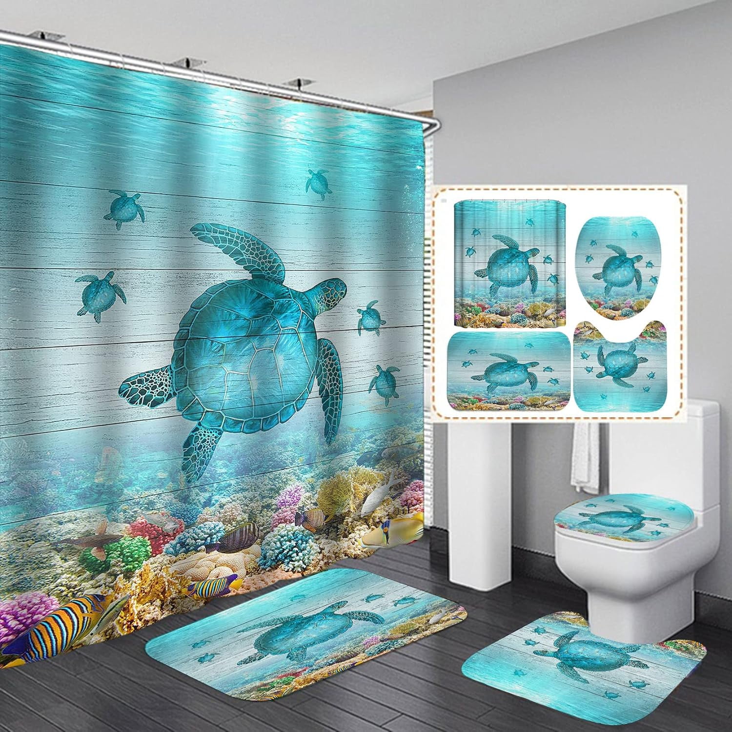 4PCS/Set Fantasy Dolphin Blowing Water Circle Bubble Shower Curtain Set ...