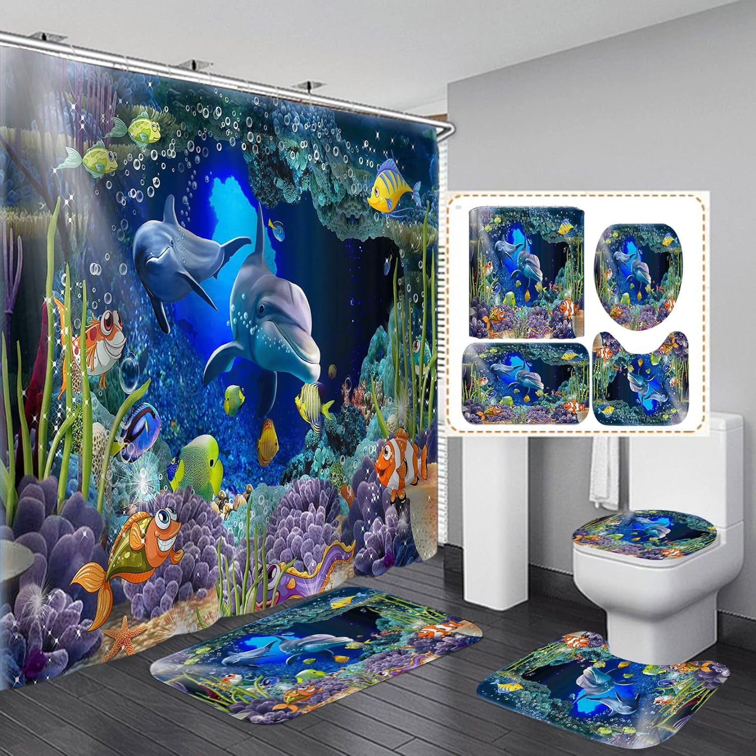 4PCS/Set Fantasy Dolphin Blowing Water Circle Bubble Shower Curtain Set ...