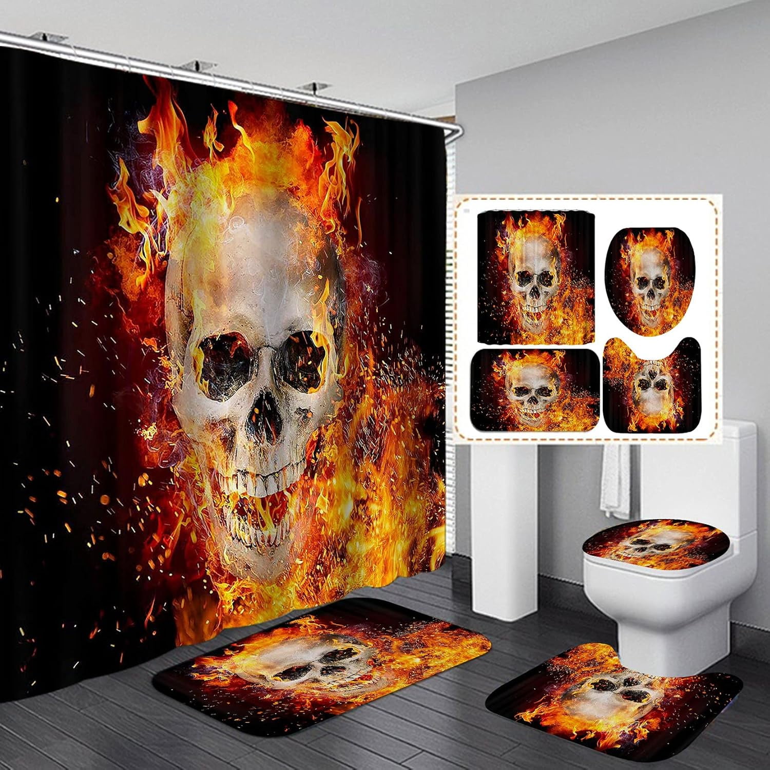 4PCS Skull Shower Curtain Sets with Rugs, Waterproof Fabric Shower ...