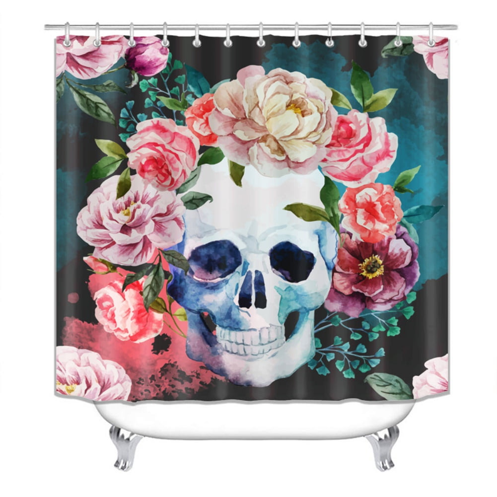 4PCS/Set Floral Sugar Skull Shower Curtain Polyester Waterproof Rose ...
