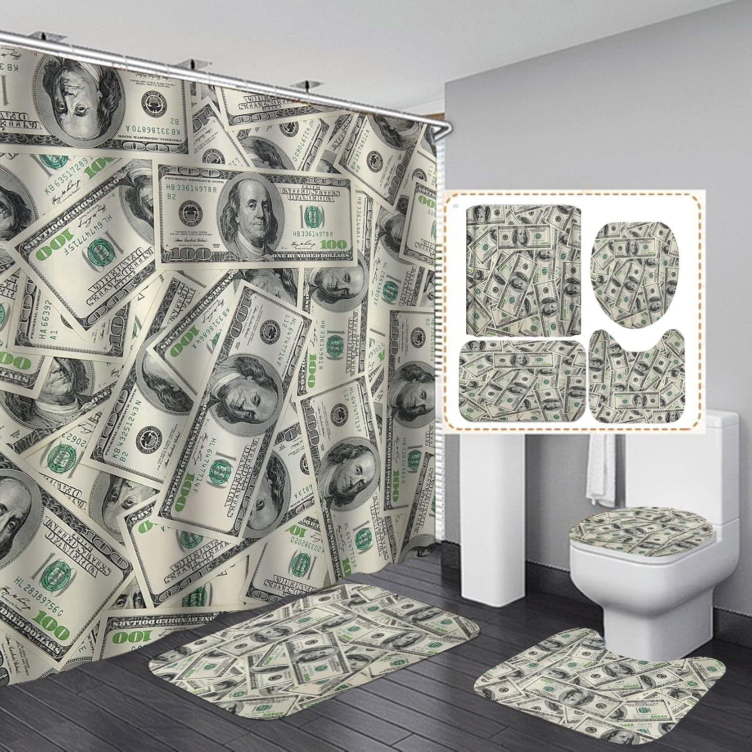 4PCS/Set Money Shower Curtain set, Hundred US Dollar Bills Cash ...