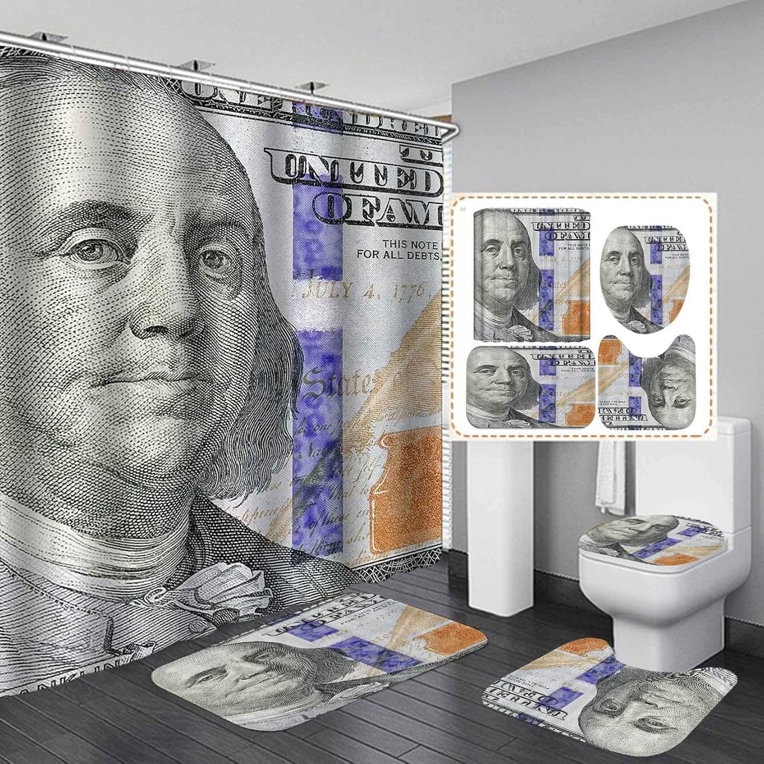 4PCS/Set Money Shower Curtain set, Hundred US Dollar Bills Cash ...