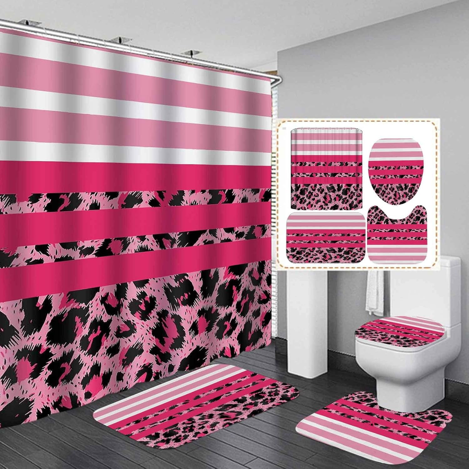 4PCS/Set Pink Leopard Print Shower Curtain, Sexy Fancy Chic Safari ...