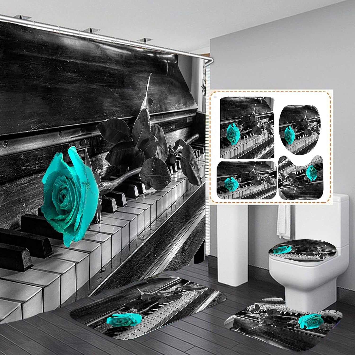 4PCS/Set Pop Music Shower Curtain, Electric Guitar Drum Kit Microphone ...