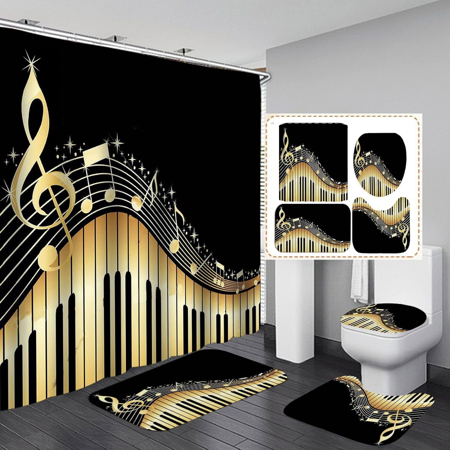 4PCS/Set Pop Music Shower Curtain, Electric Guitar Drum Kit Microphone ...