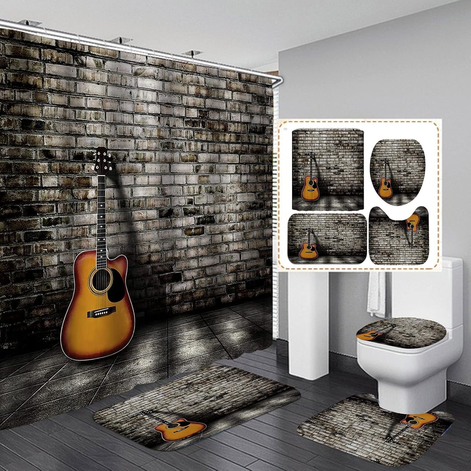 4PCS/Set Pop Music Shower Curtain, Electric Guitar Drum Kit Microphone ...