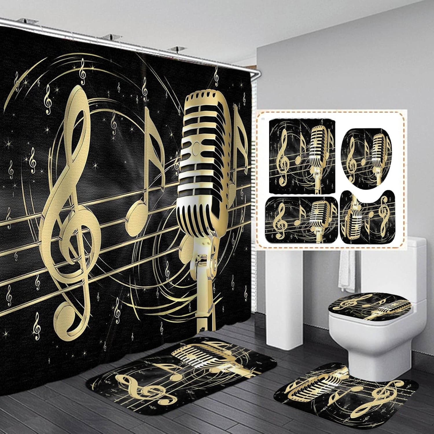 4PCS/Set Pop Music Shower Curtain, Electric Guitar Drum Kit Microphone ...