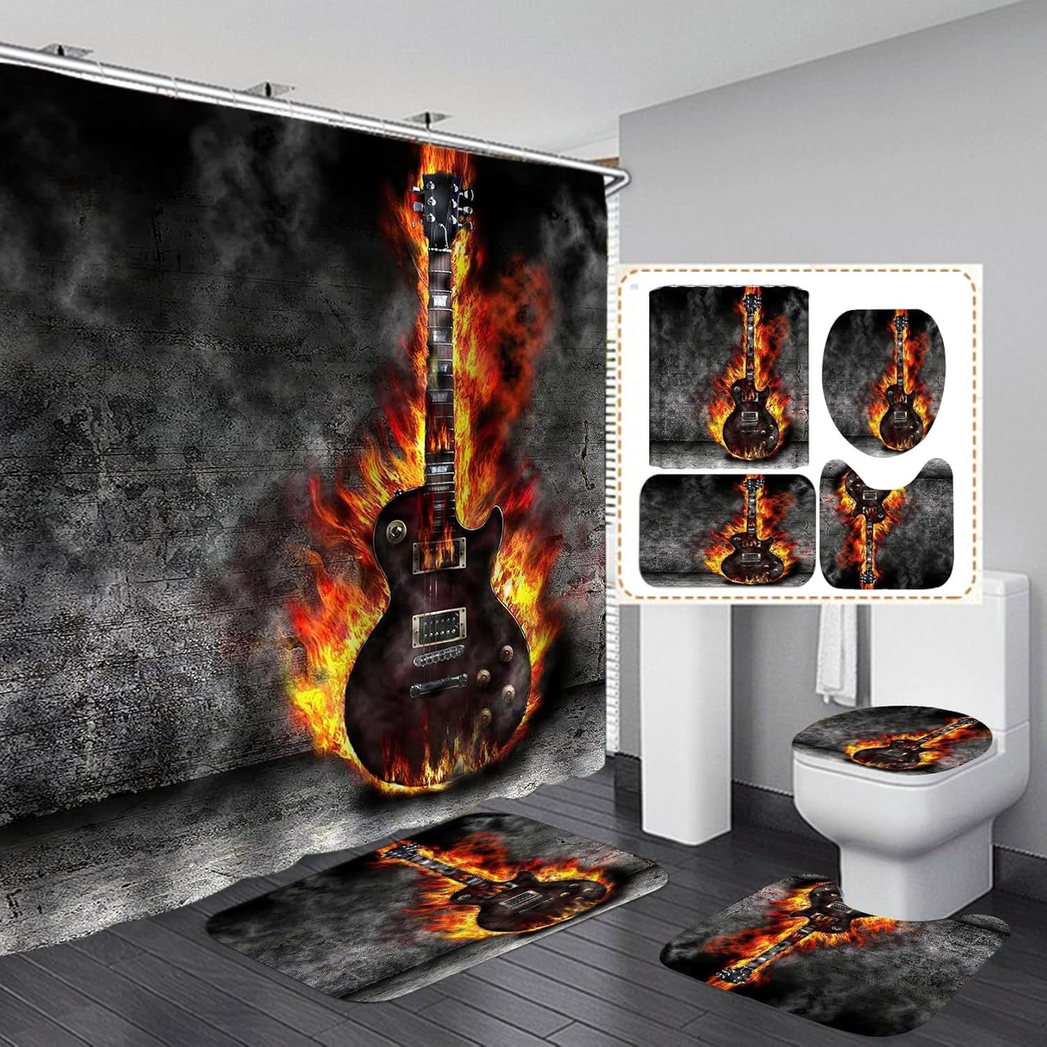 4PCS/Set Pop Music Shower Curtain, Electric Guitar Drum Kit Microphone ...
