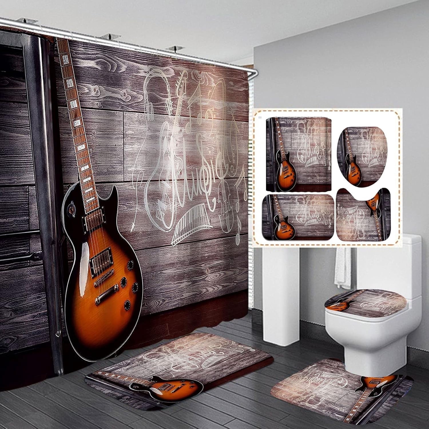 4PCS/Set Pop Music Shower Curtain, Electric Guitar Drum Kit Microphone ...