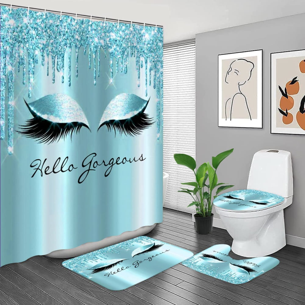 4PCS/Set Pretty Eyelash Shower Curtain Spark Rose Gold Drips Hello ...