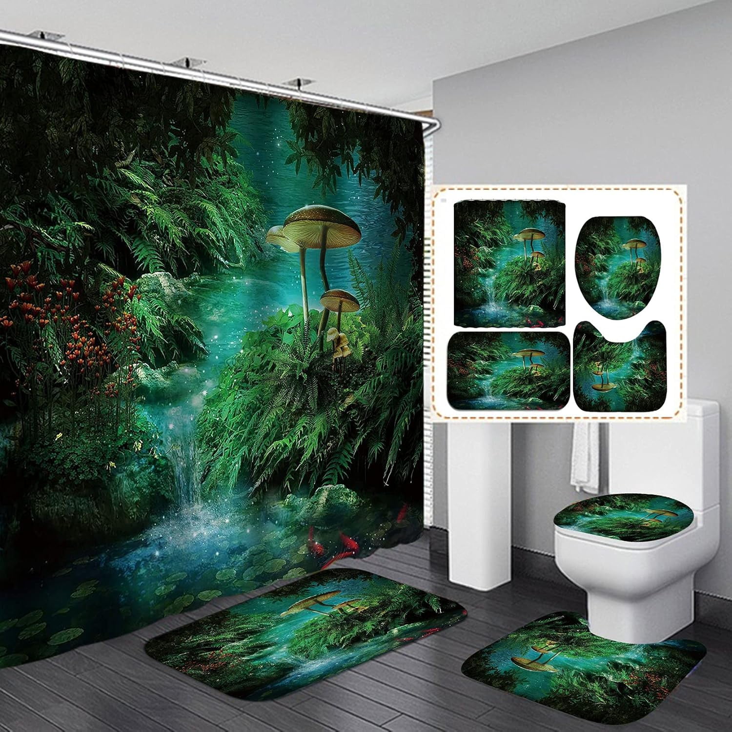 4PCS/Set Psychedelic Mushroom Shower Curtain Set with Rugs, Fantasy Hippie Trippy Art Bathroom ...