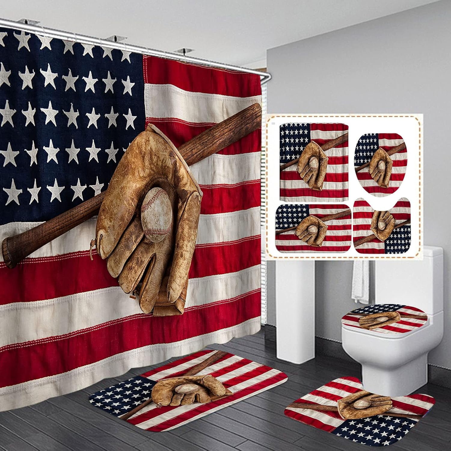 4PCS/Set Rustic Baseball Fabric Shower Curtain Sets, American Sports ...